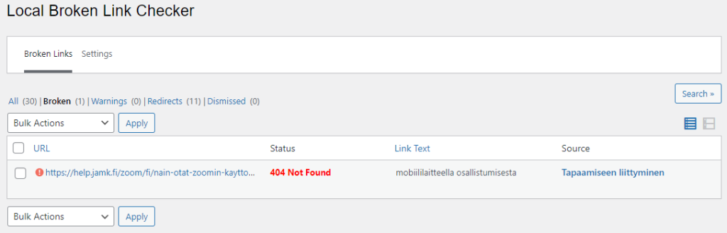Broken link checker plugin - WordPress